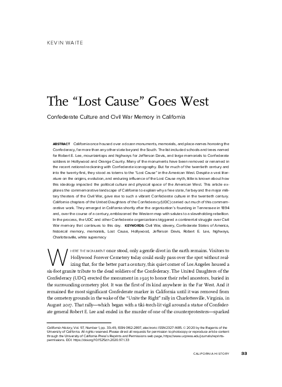 (PDF) The 'Lost Cause' Goes West: Confederate Culture and Civil War ...