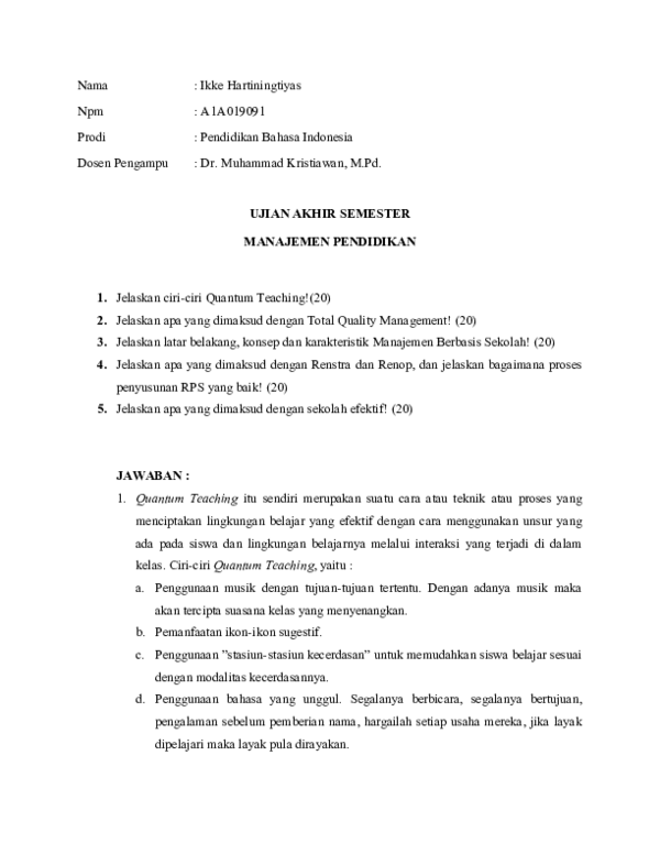 (DOC) UAS Manajemen Pendidikan - Ikke Hartiningtiyas (A1A019091)