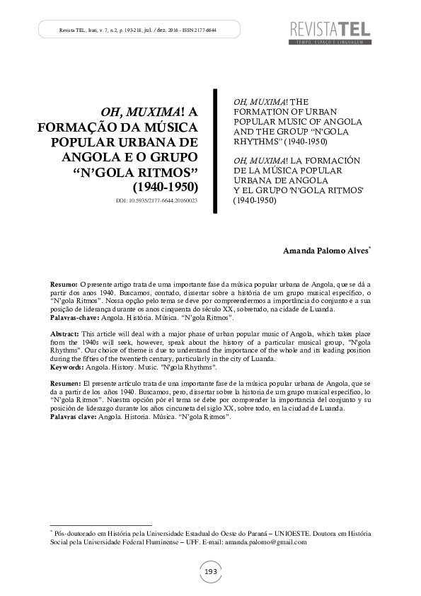 (PDF) OH, MUXIMA! A FORMAÇÃO DA MÚSICA POPULAR URBANA DE ANGOLA E O ...