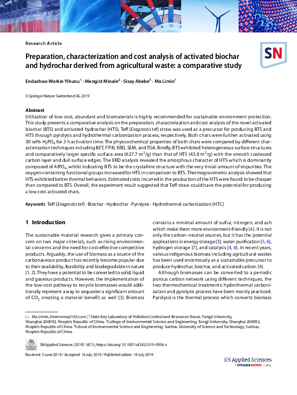 (PDF) Preparation, characterization and cost analysis of activated biochar and hydrochar derived ...