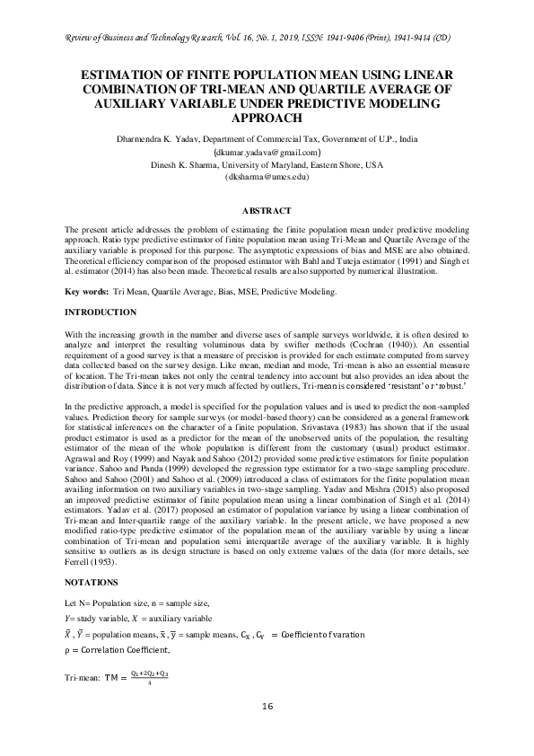 Pdf Estimation Of Finite Population Mean Using Linear Combination Of