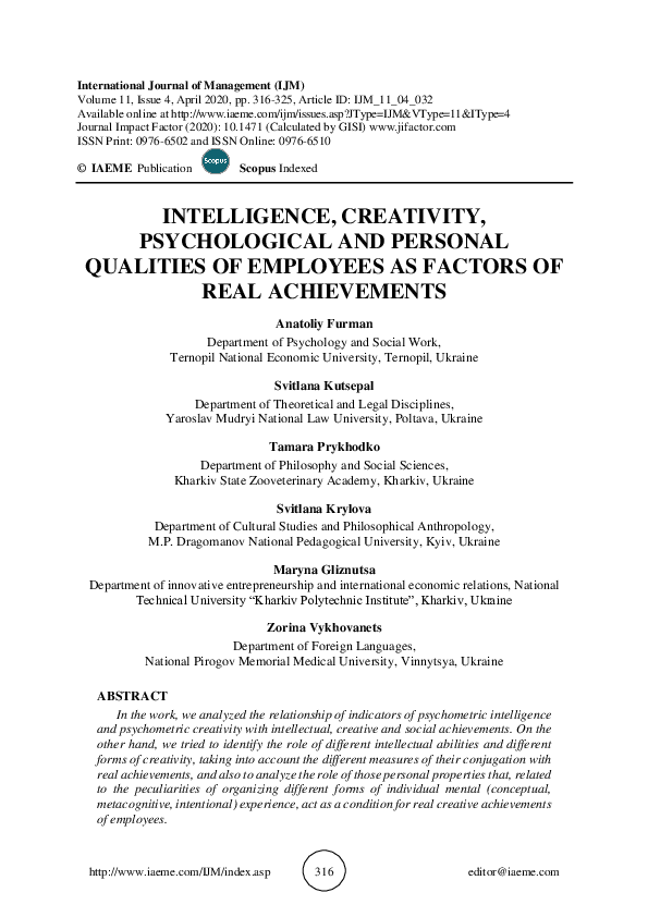 (PDF) INTELLIGENCE, CREATIVITY, PSYCHOLOGICAL AND PERSONAL QUALITIES OF ...