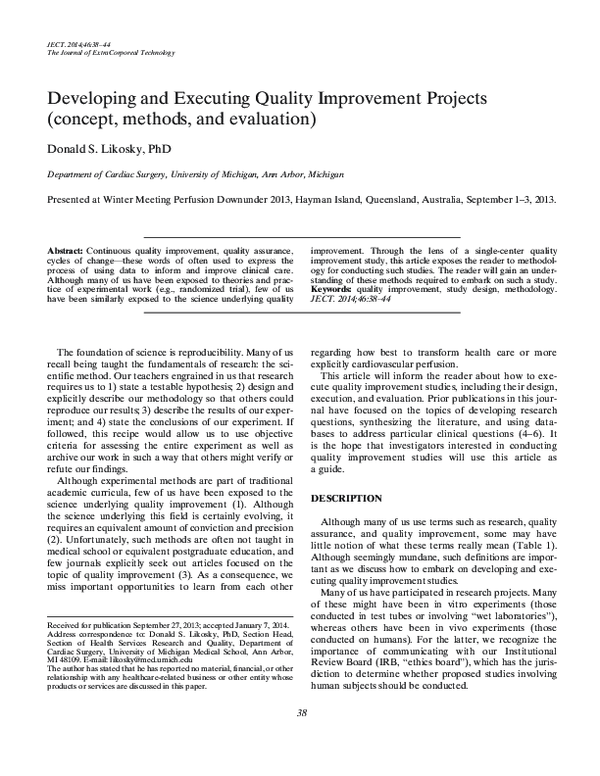 (PDF) Developing and Executing Quality Improvement Projects (concept ...