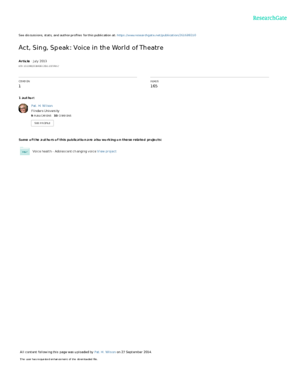 (PDF) Act, Sing, Speak: Voice in the World of Theatre