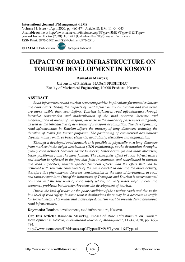(PDF) IMPACT OF ROAD INFRASTRUCTURE ON TOURISM DEVELOPMENT IN KOSOVO