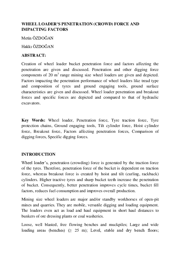 (PDF) WHEEL LOADER'S PENETRATION (CROWD) FORCE AND IMPACTING FACTORS