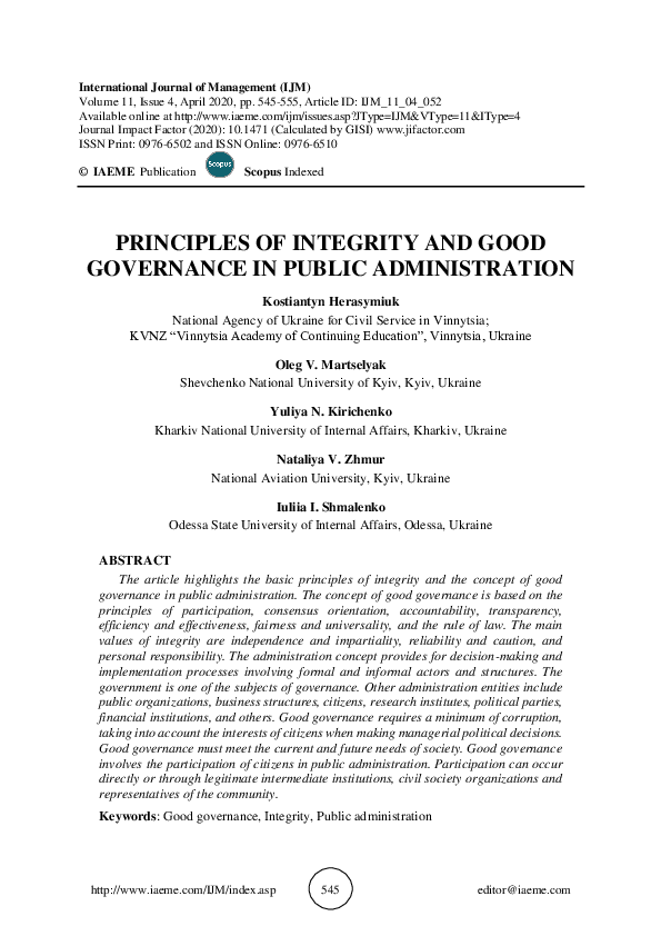 (PDF) PRINCIPLES OF INTEGRITY AND GOOD GOVERNANCE IN PUBLIC ADMINISTRATION