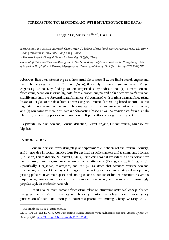 Pdf Forecasting Tourism Demand With Multisource Big Data