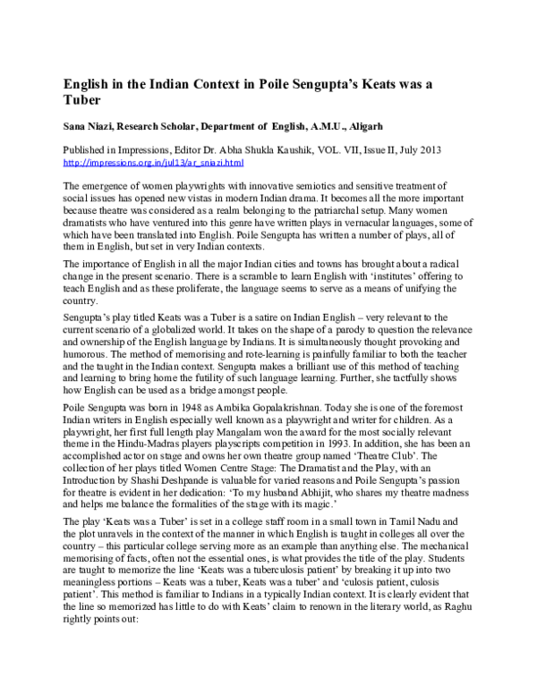 (DOC) English in the Indian Context in Poile Sengupta’s Keats was a Tuber