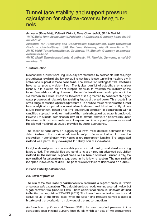 (PDF) Tunnel face stability and support pressure calculation for shallow-cover subsea tun- nels