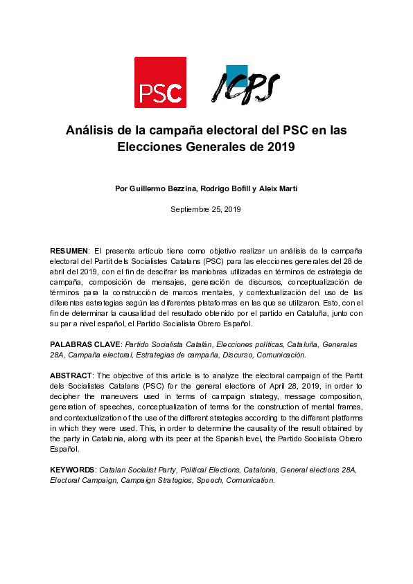 (PDF) ANÁLISIS DE LA CAMPAÑA ELECTORAL DEL PSC EN LAS ELECCIONES GENERALES DE 2019