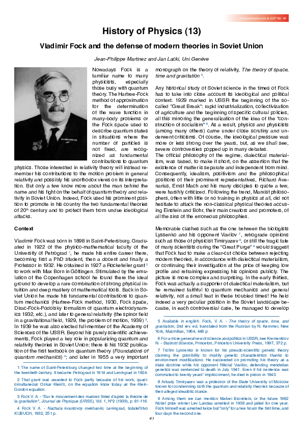 (PDF) Vladimir Fock and the defense of modern theories in Soviet Union