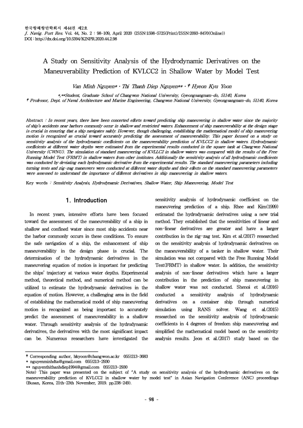 (PDF) A Study on Sensitivity Analysis of the Hydrodynamic Derivatives ...