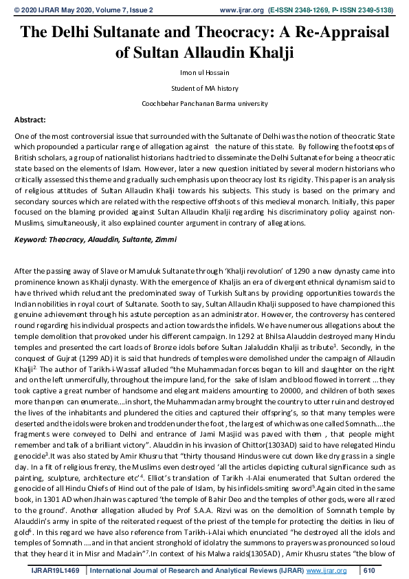 (PDF) The Delhi Sultanate and Theocracy: A Re-Appraisal of Sultan ...