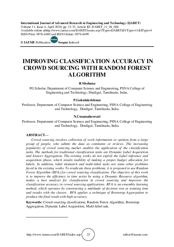 (PDF) IMPROVING CLASSIFICATION ACCURACY IN CROWD SOURCING WITH RANDOM FOREST ALGORITHM