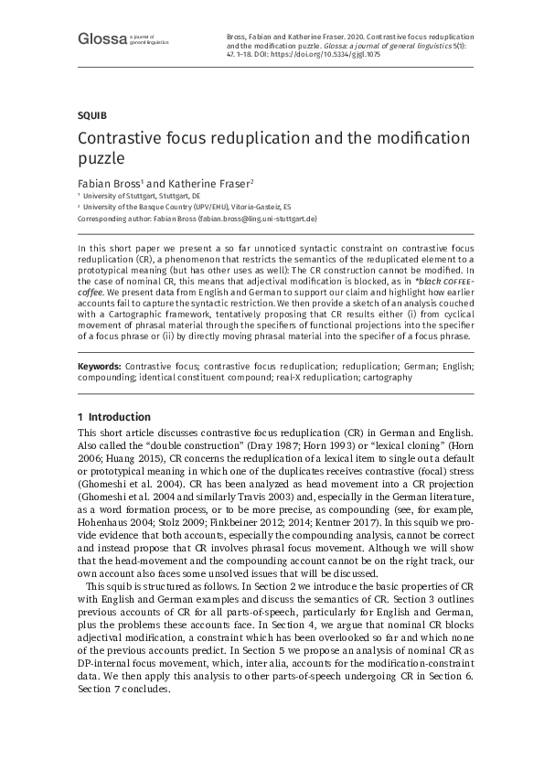 (PDF) Contrastive focus reduplication and the modification puzzle
