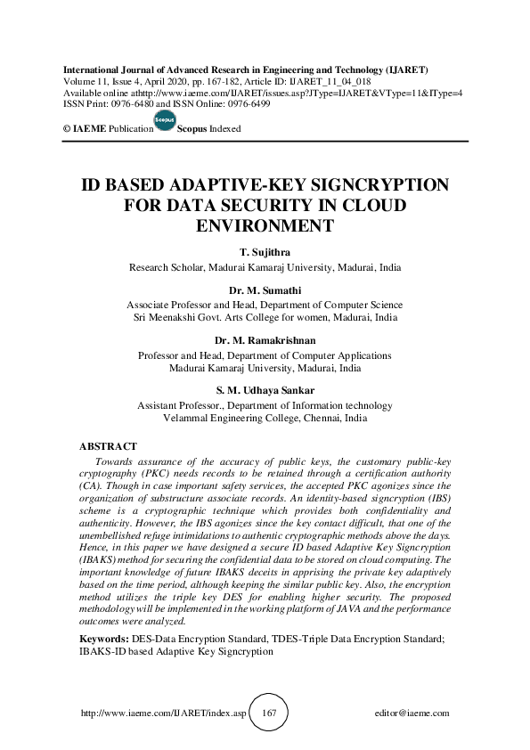 (PDF) ID BASED ADAPTIVE-KEY SIGNCRYPTION FOR DATA SECURITY IN CLOUD ENVIRONMENT