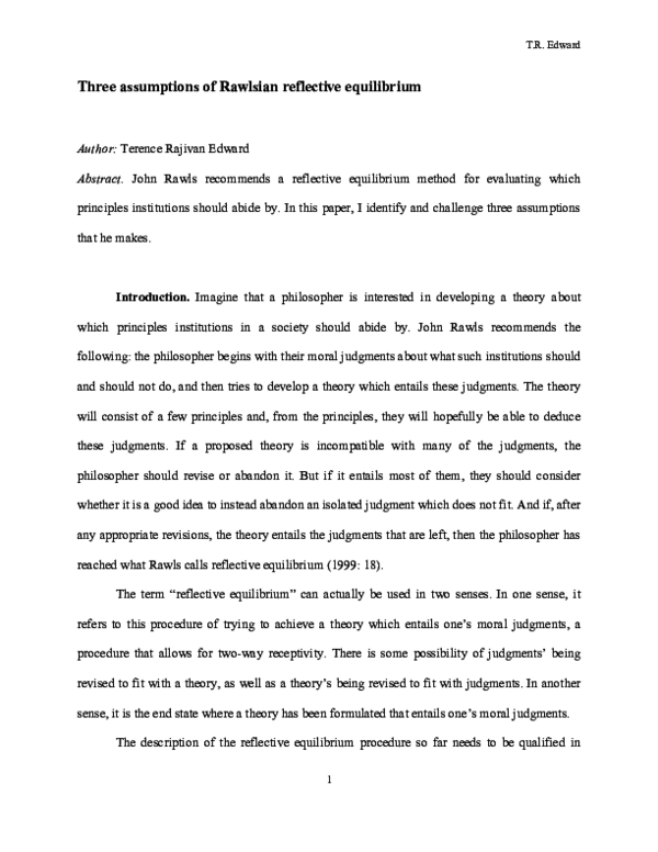 (PDF) Three assumptions of Rawlsian reflective equilibrium
