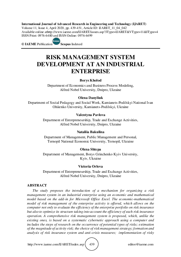 (PDF) RISK MANAGEMENT SYSTEM DEVELOPMENT AT AN INDUSTRIAL ENTERPRISE