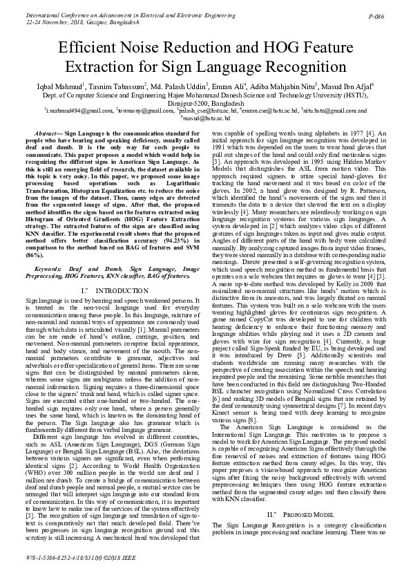 (PDF) Efficient Noise Reduction and HOG Feature Extraction for Sign Language Recognition