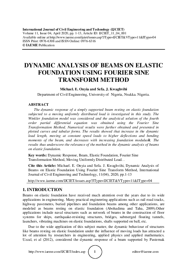 Pdf Dynamic Analysis Of Beams On Elastic Foundation Using Fourier
