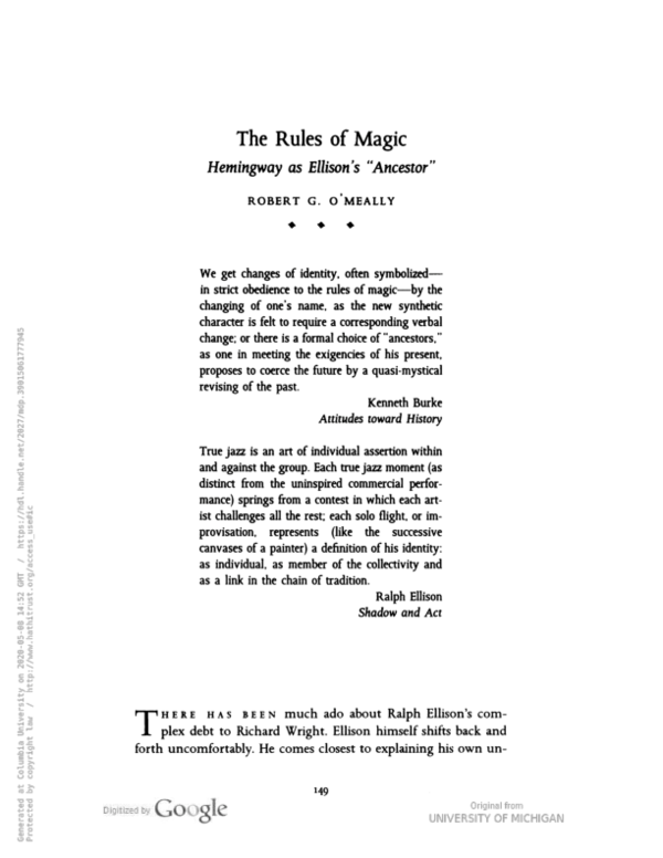 (PDF) The Rules of Magic: Hemingway as Ellison's "Ancestor"