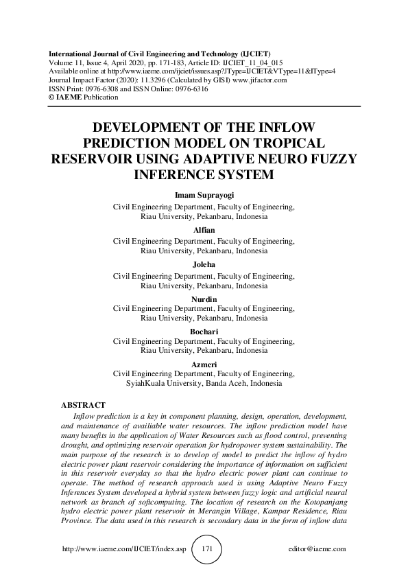 (PDF) DEVELOPMENT OF THE INFLOW PREDICTION MODEL ON TROPICAL RESERVOIR USING ADAPTIVE NEURO ...