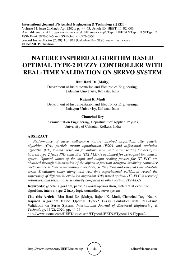NATURE INSPIRED ALGORITHM BASED OPTIMAL TYPE-2 FUZZY CONTROLLER WITH ...