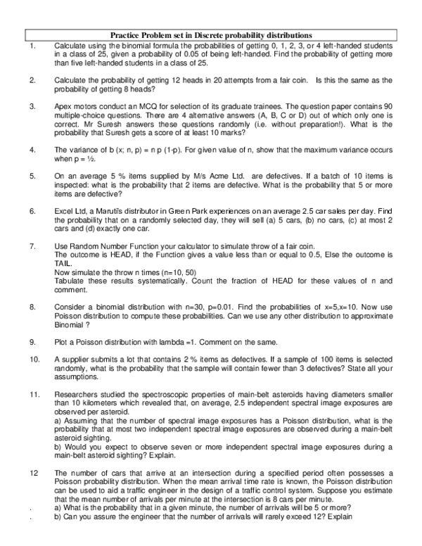 (PDF) Practice Problem set in Discrete probability distributions