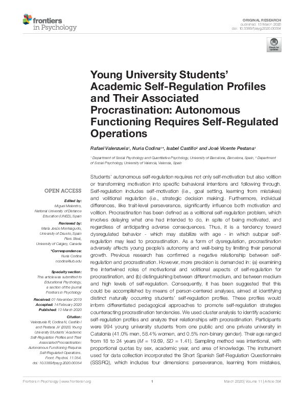 (PDF) Young University Students' Academic Self-Regulation Profiles and Their Associated ...