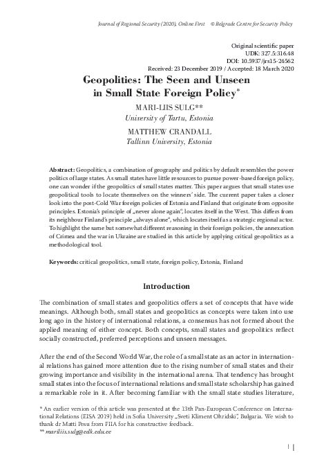 (PDF) Geopolitics: The Seen and Unseen in Small State Foreign Policy