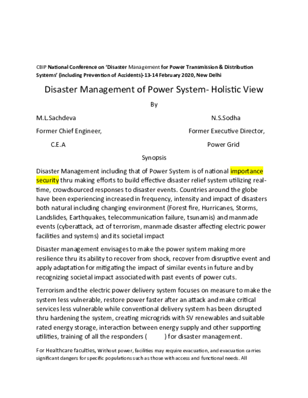 (DOC) Disaster Management of Power System