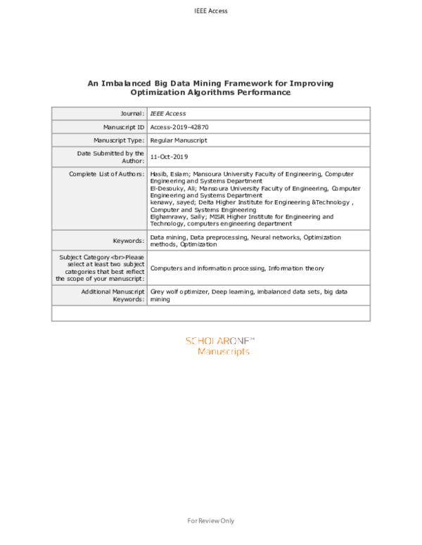 Pdf An Imbalanced Big Data Mining Framework For Improving Optimization Algorithms Performance