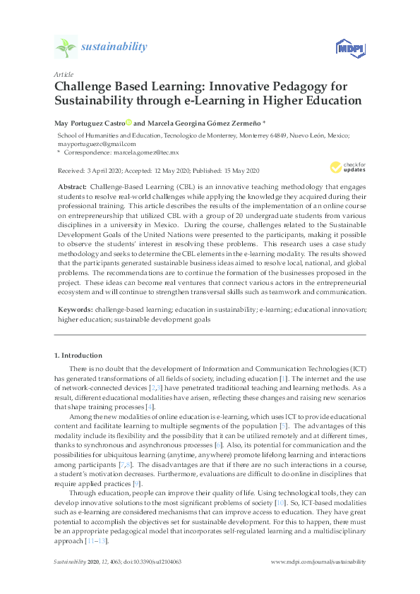 (PDF) Challenge Based Learning: Innovative Pedagogy for Sustainability ...