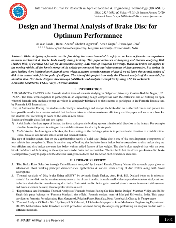 (PDF) Design and Thermal Analysis of Brake Disc for Optimum Performance