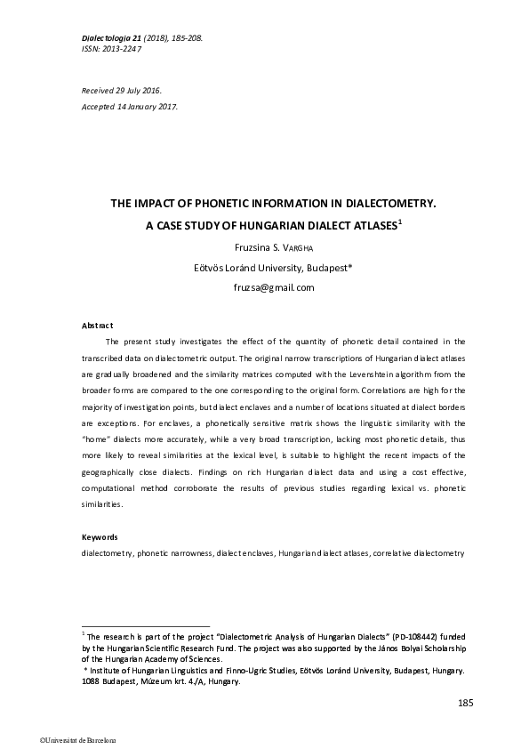 (PDF) THE IMPACT OF PHONETIC INFORMATION IN DIALECTOMETRY. A CASE STUDY OF HUNGARIAN DIALECT ...