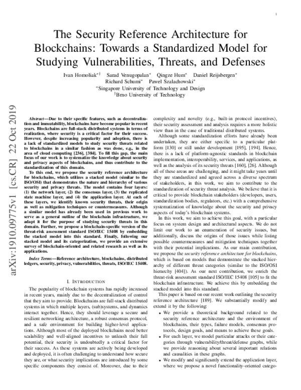 (PDF) The Security Reference Architecture for Blockchains: Towards a Standardized Model for ...