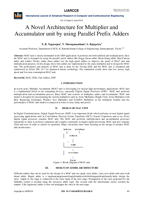 (PDF) A Novel Architecture for Multiplier and Accumulator unit by using Parallel Prefix Adders