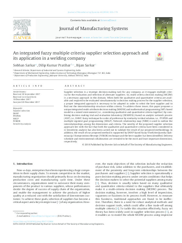 Pdf An Integrated Fuzzy Multiple Criteria Supplier Selection Approach And Its Application In A