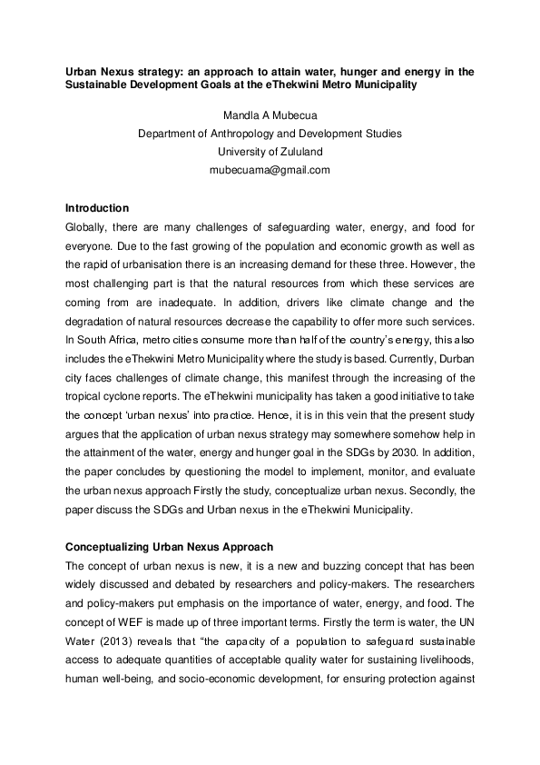 (PDF) Urban Nexus strategy: an approach to attain water, hunger and ...