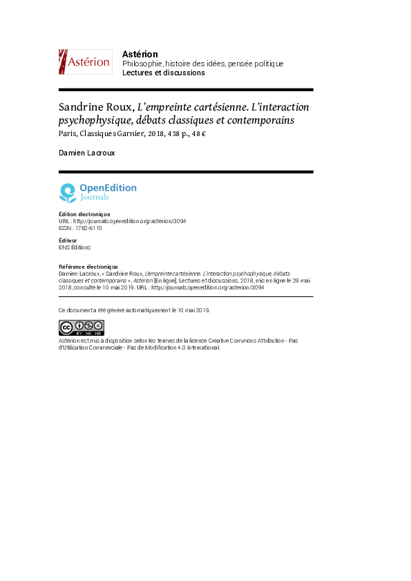 (PDF) Sandrine Roux. L'empreinte cartésienne. L'interaction ...