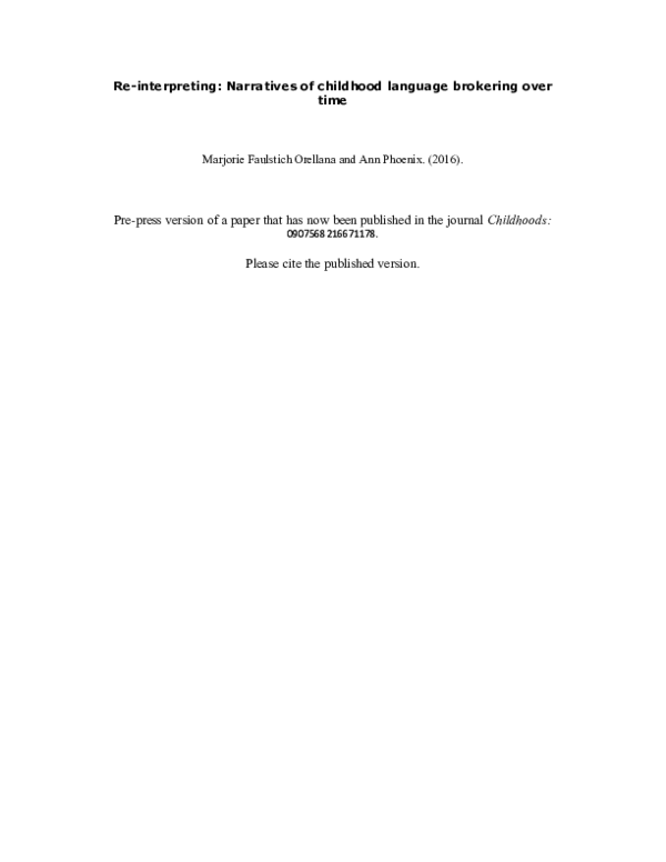 (PDF) Re-interpreting: Narratives of childhood language brokering over time
