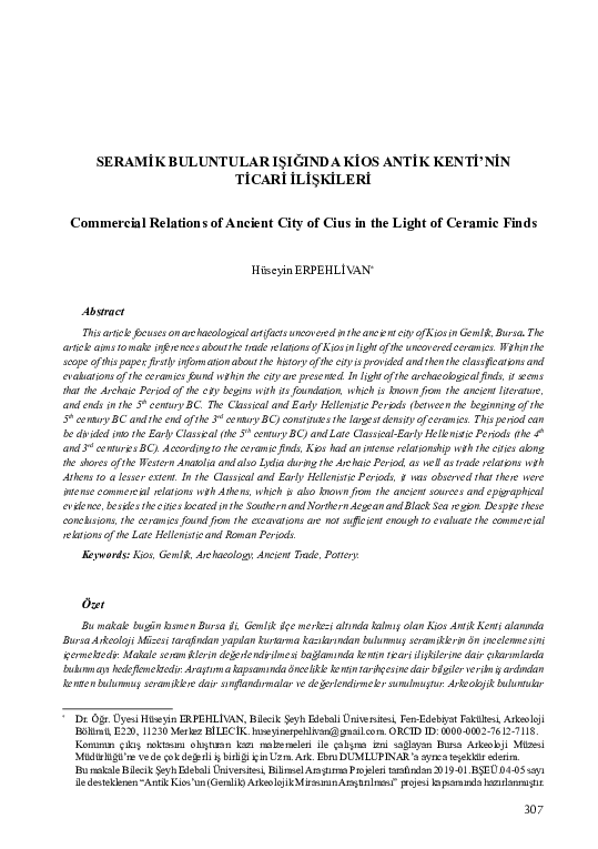 (PDF) Seramik Buluntular Işığında Kios Antik Kentinin Ticari İlişkileri ...