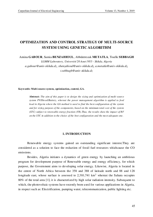 Pdf Optimization And Control Strategy Of Multi Source System Using Genetic Algorithm
