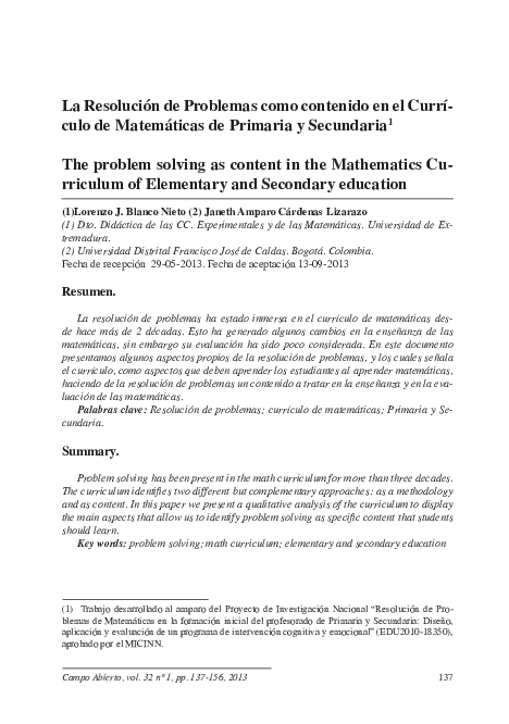 (PDF) The problem solving as content in the Mathematics Cu- rriculum of ...