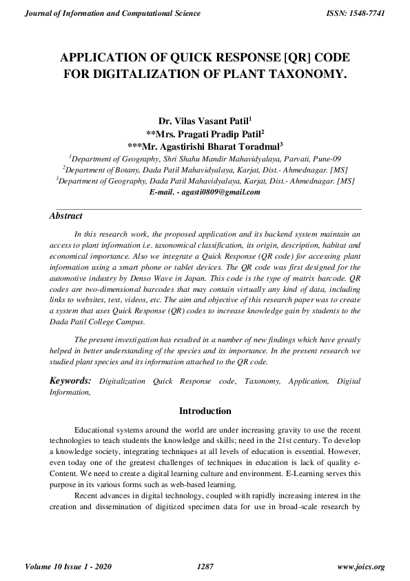 (PDF) APPLICATION OF QUICK RESPONSE [QR] CODE FOR DIGITALIZATION OF ...