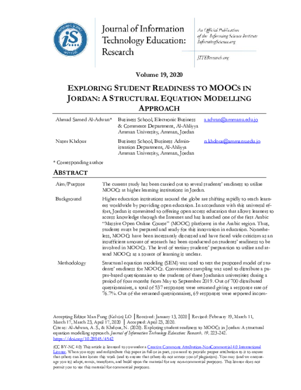 (PDF) EXPLORING STUDENT READINESS TO MOOCS IN JORDAN: A STRUCTURAL EQUATION MODELLING APPROACH