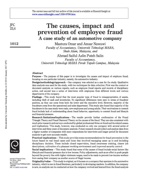 (PDF) The causes, impact and prevention of employee fraud: A case study ...