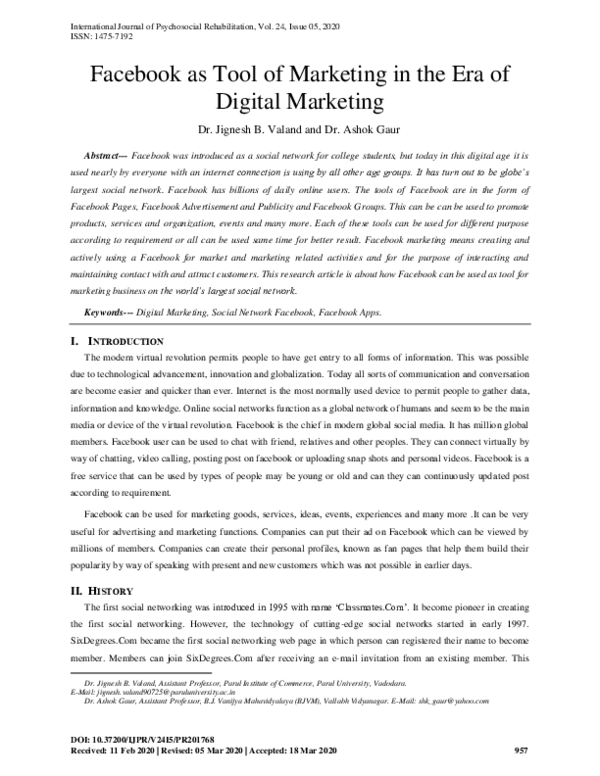(PDF) Facebook as Tool of Marketing in the Era of Digital Marketing