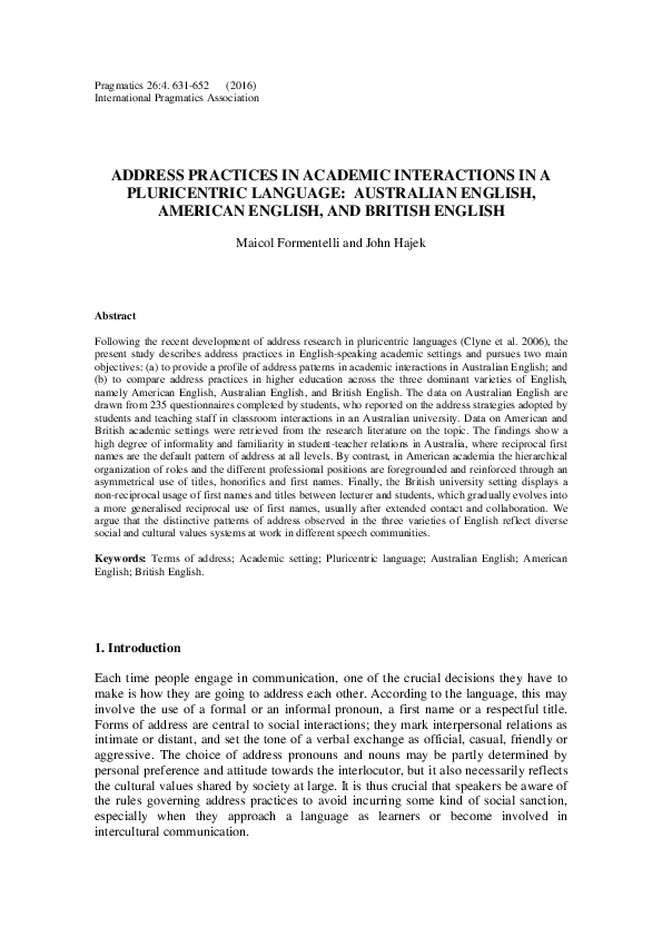 (PDF) Formentelli, Maicol and John Hajek (2016) Address practices in ...